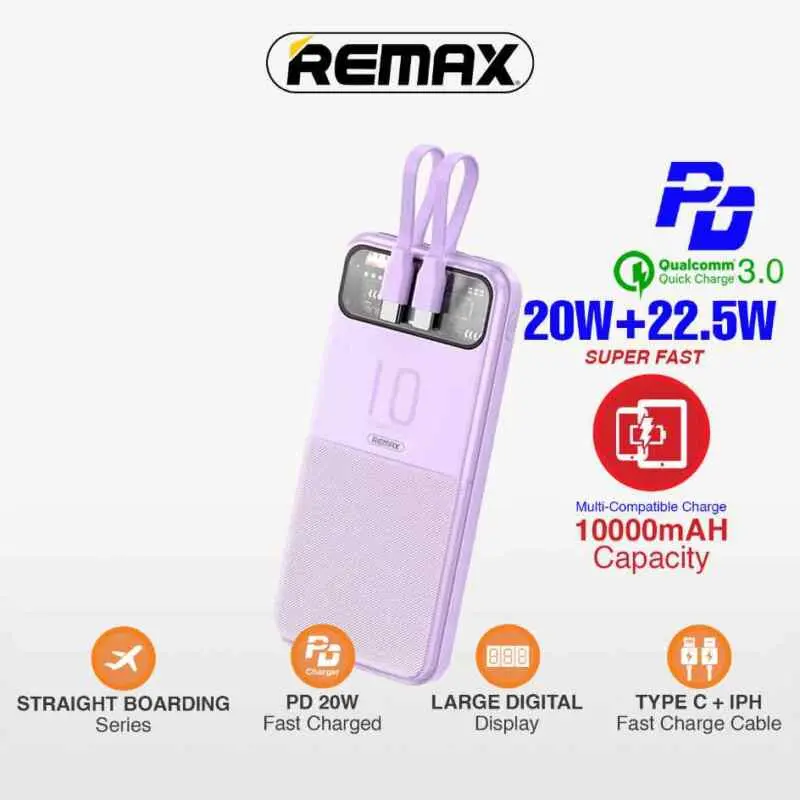 Power Bank with 2 Fast Charging Cables REMAX Stervui Series RPP-619 PD 20W+ QC 22.5W 10000mAh ljubicasti