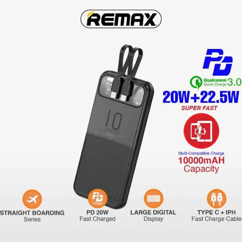 Power Bank with 2 Fast Charging Cables REMAX Stervui Series RPP-619 PD 20W+ QC 22.5W 10000mAh crni