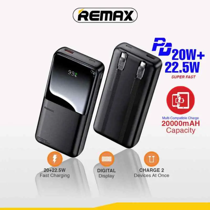 Power Bank with 2 Fast Charging Cables REMAX Cynlle Series RPP-680 PD 20W+QC 22.5W 20000mAh crni