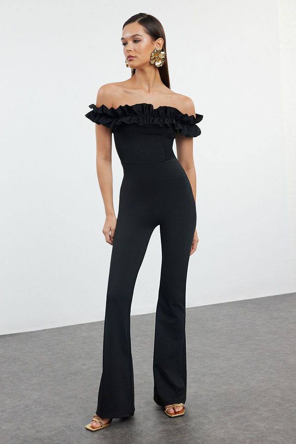 TRENDYOL BLACK BODY-SIT FLOUNCE DETAILED WOVEN JUMPSUIT