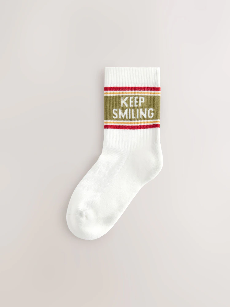 Ecru/Mustard/Red Retro Slogan Print Cotton Rich Socks 5 Pack