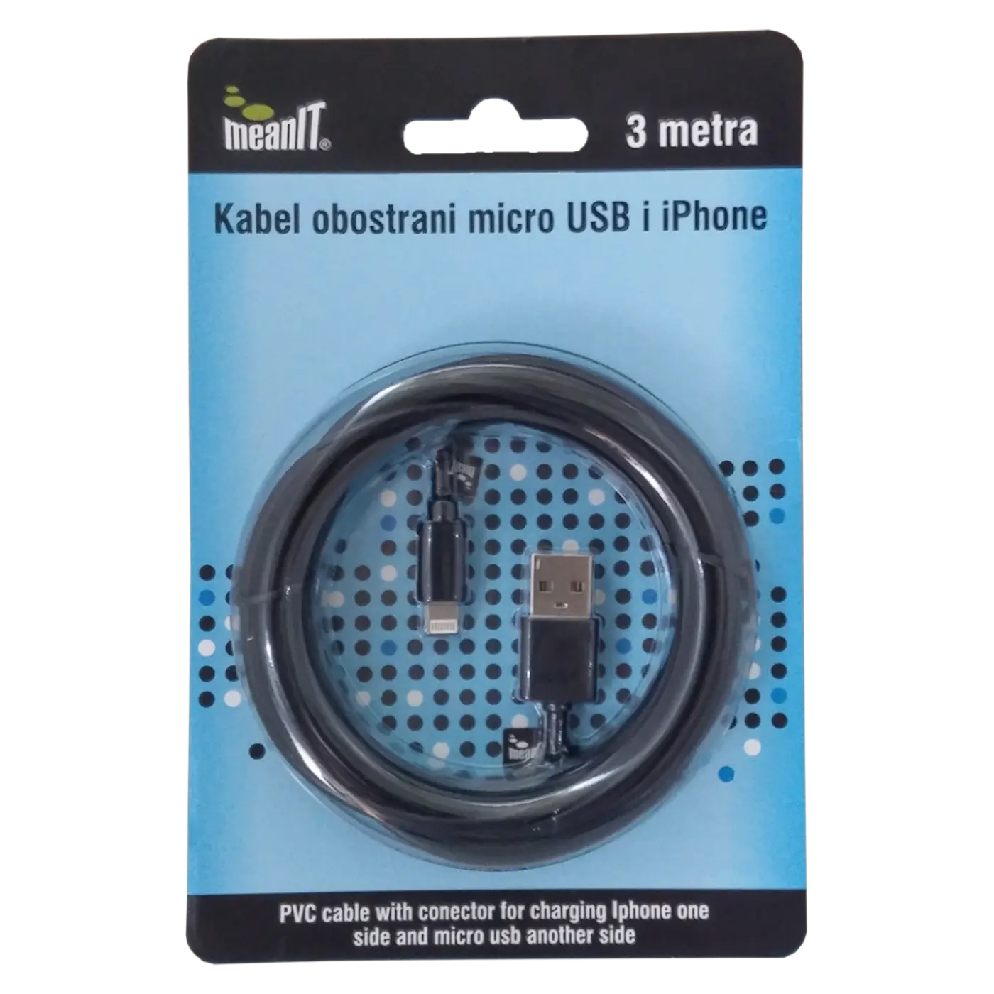 MEANIT USB kabal sa micro USB i iPhone priključkom, 3m, crni