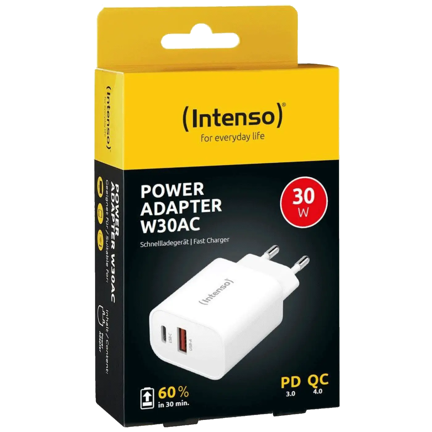 INTENSO Punjač kućni Power Adapter W30AC, brzi, 1 x USB-A, 1 x UCB-C, 3A, 30W, beli