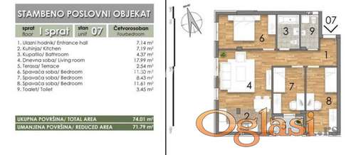 Severni Telep-Lep Četvorosoban stan 74 m2 u izgradnji-povraćaj PDV-a-065/385 8880