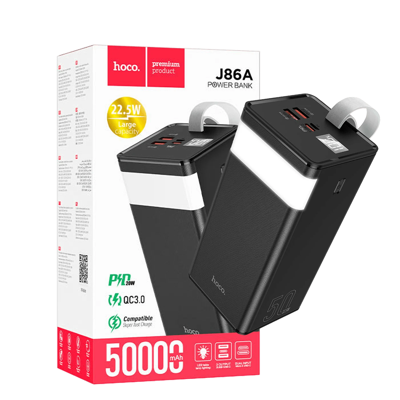 HOCO Prenosivi punjač sa lampom J86A Powermaster, 50000mAh, brzi QC/PD, 3A, beli