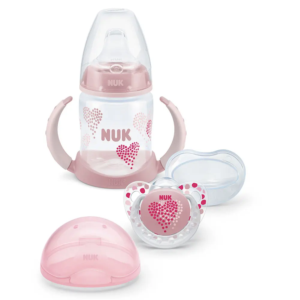 NUK Dečiji set flašica i varalica sa kutijom, 6-18 meseci, 150 ml, Roze