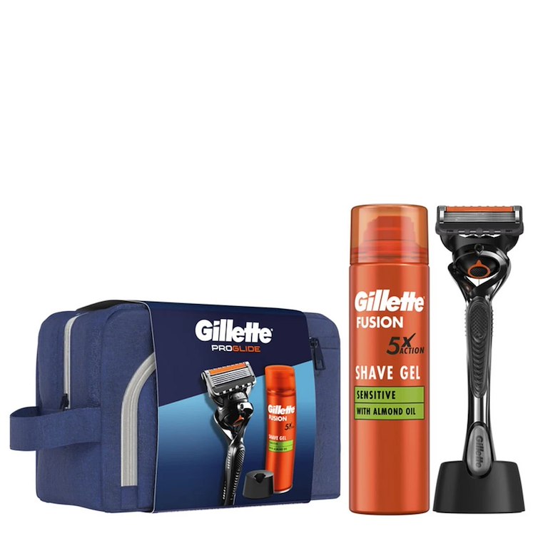 GILLETTE SET PROGLIDE(BRIJAČ FUSION+GEL FUSION 5 SENSITIVE 200ML+STALAK)NESESER