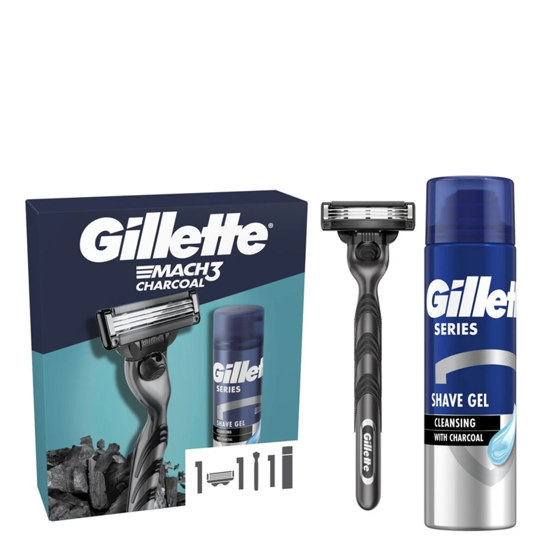 GILLETTE SET MACH 3 CHARCOAL(BRIJAČ MACH 3 CHARCOAL+GEL CLEANSING WITH CHARCOAL 200ML)