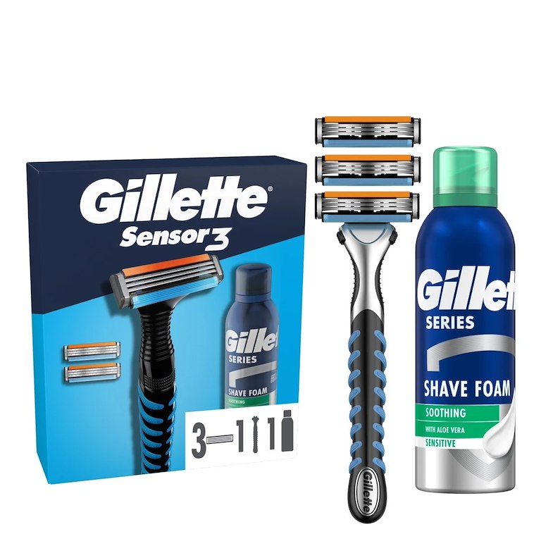 GILLETTE SET SENSOR 3(BRIJAČ SENSOR 3+DOPUNE 3 KOM+PENA SOOTHING ALOE VERA 200ML)