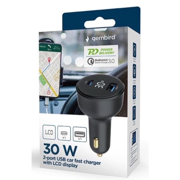 GEMBIRD Brzi auto punjač 2-port USB Type-C TA-UC-AC2PD30LCD-CAR-01, 30W, crna