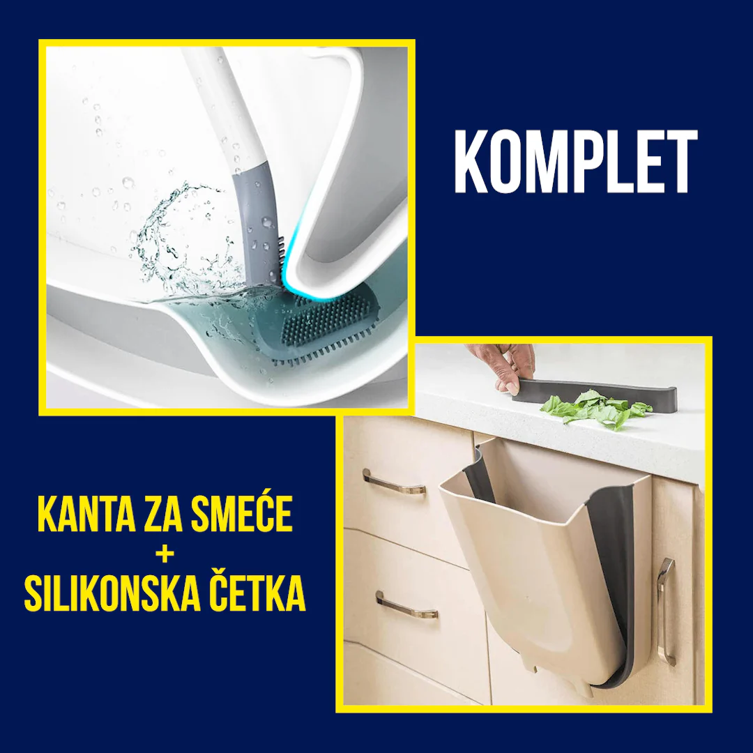 KOMPLET ZA SAVRŠENO ČISTO KUPATILO - RASKLOPIVA KANTA ZA SMEĆE + SILIKONSKA ČETKA ZA WC ŠOLJU