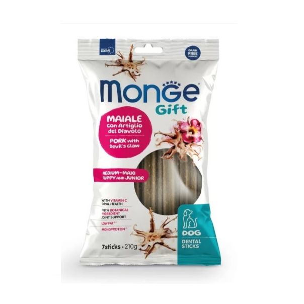 MONGE Dentalna poslastica Medium & Maxi Puppy & Junior Pork with Devil’S Claw 210g