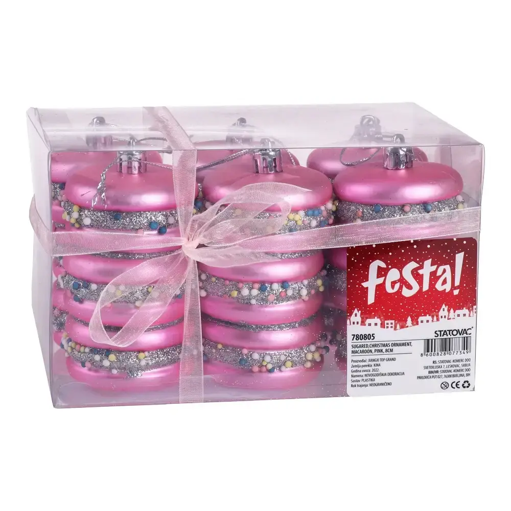 FESTA Novogodišnji ukrasi za jelku Macaroon Sugared, 8cm, 6 Komada, Roze