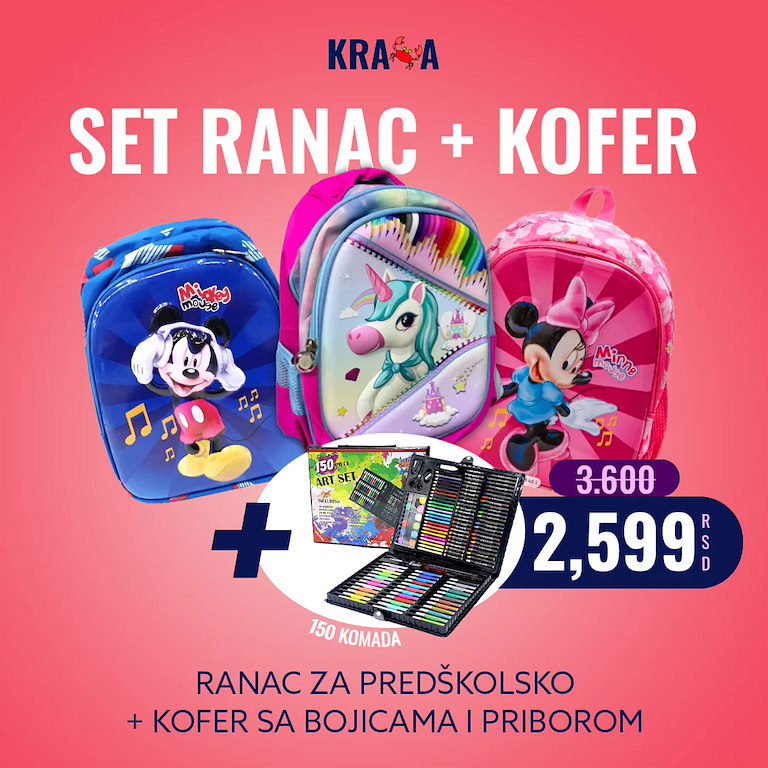 SET Ranac za predškolsko + Kofer sa bojicama i priborom (150 kom)