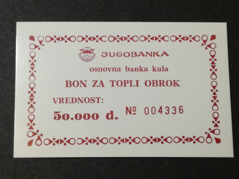 Bon za topli obrok Jugobanka 50.000din.