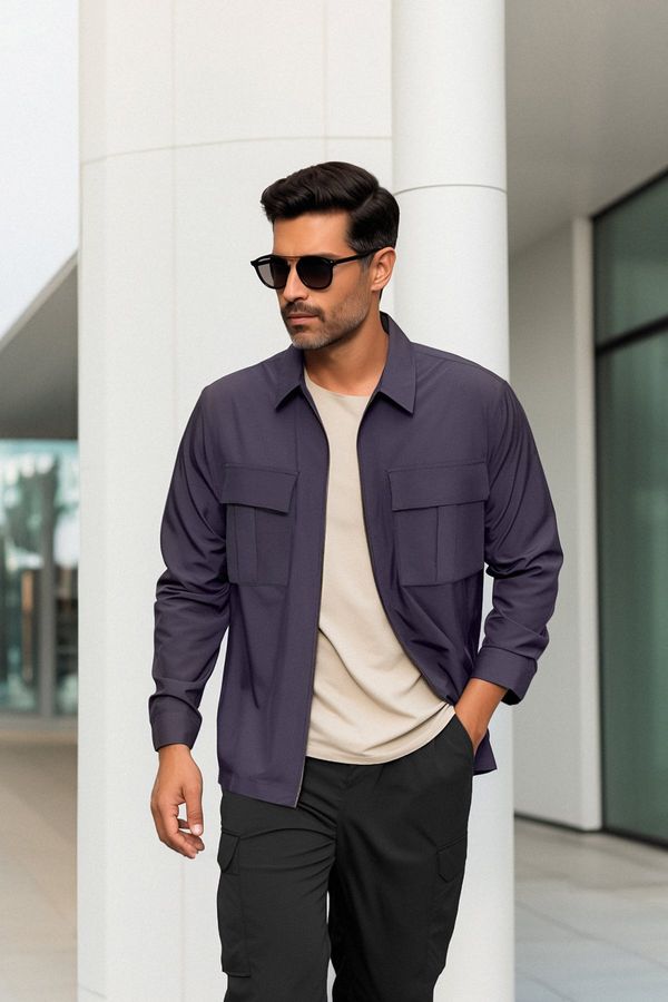 TRENDYOL ANTHRACITE REGULAR FIT DOUBLE POCKET ZIPPERED TECHNICAL FABRIC PARACHUTE LOOSE SHIRT