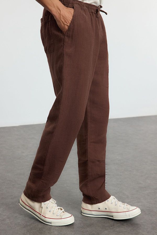 TRENDYOL BROWN REGULAR FIT LIMITED EDITION 100% LINEN ELASTIC WAIST TIE TROUSERS