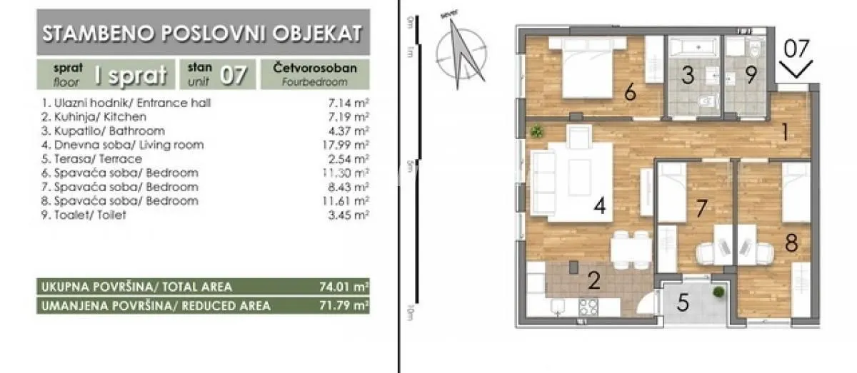 Prodaja, četvorosoban stan, 74m2, Telep, Novi Sad, Novi Sad