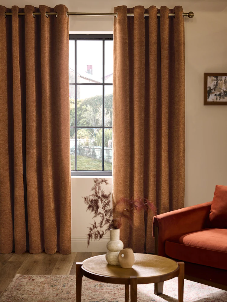 Dark Ochre Soft Touch Chenille Lined Eyelet Curtains