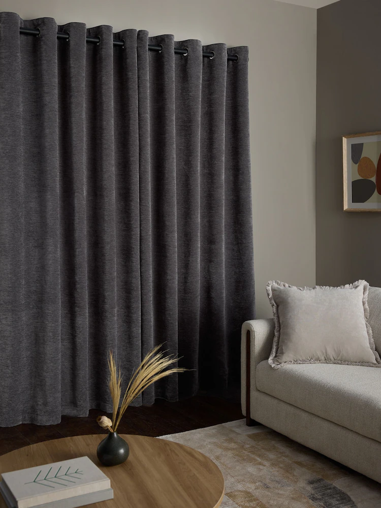 Grey Soft Touch Chenille Lined Eyelet Curtains