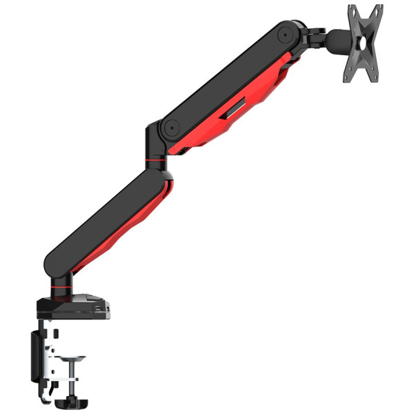 Gaming desk mount for single monitor with height adjustable gas spring. Deskmount with clamp or grommet. Monitor up to 9kg, VESA 75x75 or 1