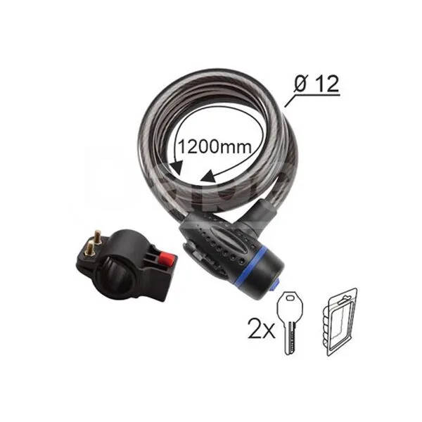 Brava za bicikl sa ključem spiralna BBK2 crna FI12x1200mm 2K OPD (0709002)