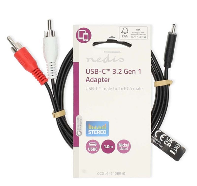 USB TYPE-C NA 2XRCA, GEMBIRD CCGL64240BK10, DUŽ.1M
