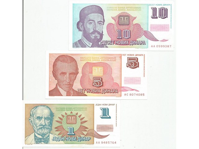 Jugoslavija 1 - 5 - 10 novih dinara 1994. UNC/AUNC set