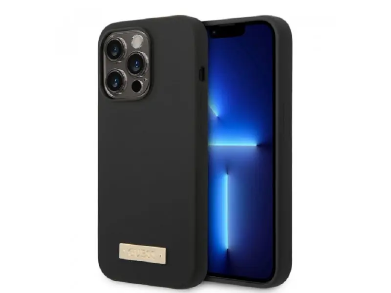 GUESS Maska za telefon iPhone 14 Pro Max, Silikonska, Logo Plate, MagSafe, Crna