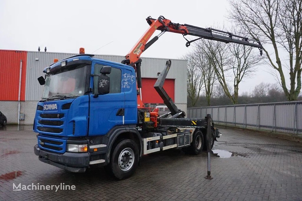 Scania G360 / ENGINE RUNNING / FULL STEEL / HOOK+CRANE PALFINGER PK1800 pokretna dizalica nakon udesa