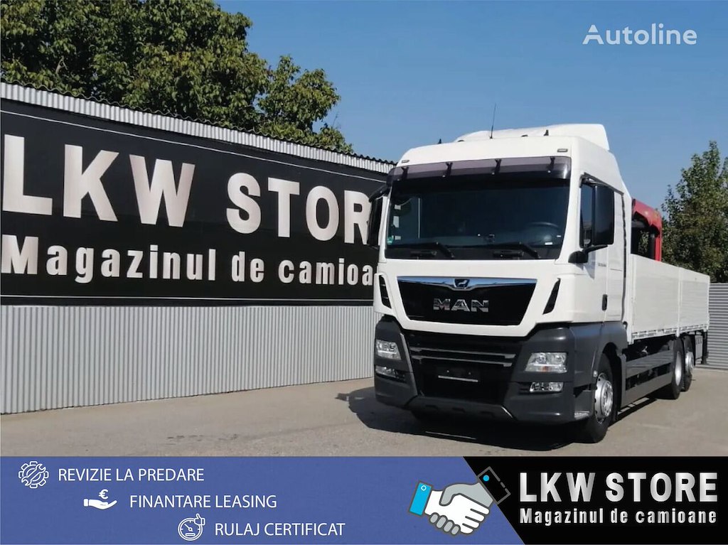 MAN TGX 26.460 6x2, macara Palfinger PK 18001L cu cleste, 2 BUC , TO kamion s ravnom platformom