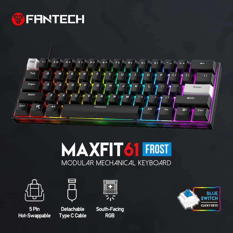 TASTATURA MEHANICKA GAMING FANTECH MK857 RGB MAXFIT61 FROST CRNA (BLUE SWITCH)