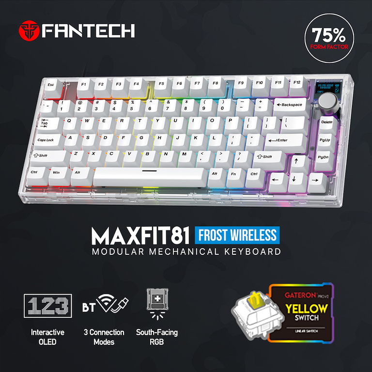 TASTATURA MEHANICKA GAMING FANTECH MK910 RGB PBT MAXFIT81 FROST WIRELESS BELA (YELLOW SWITCH)