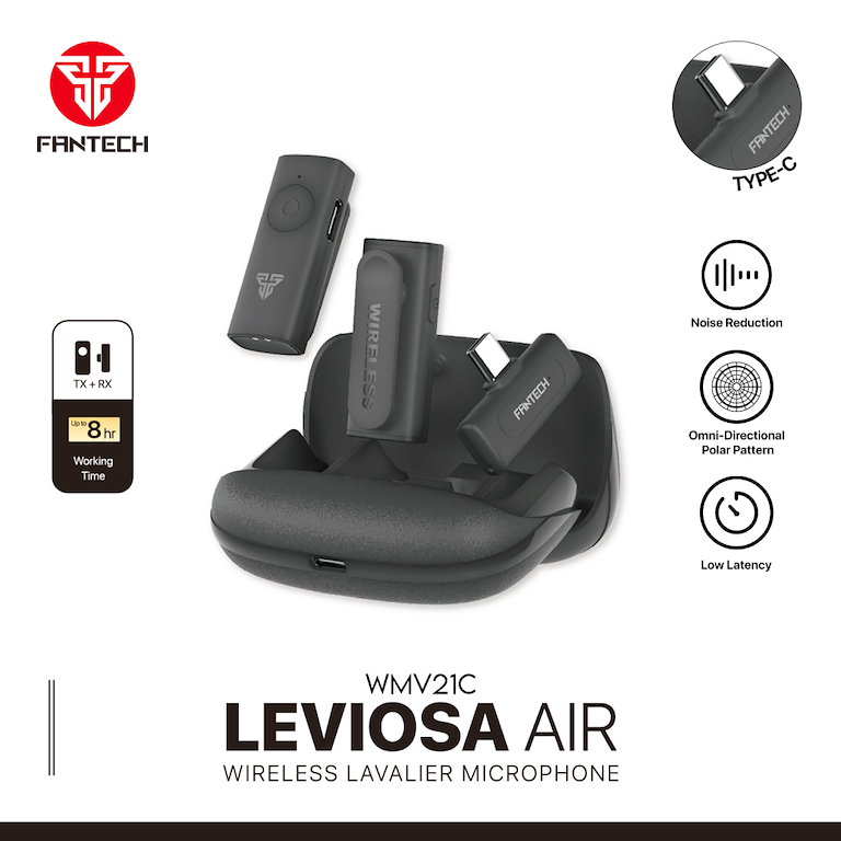 MIKROFON WIRELESS FANTECH LAVALIER LEVIOSA AIR WMV21C (DUAL MIC) TYPE C CRNI