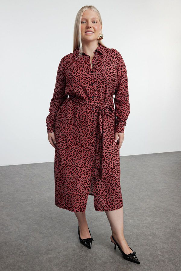 TRENDYOL CURVE TILE LEOPARD/ANIMAL PATTERNED WOVEN BUTTONED BELTED MIDI PLUS SIZE SHIRT DRESS