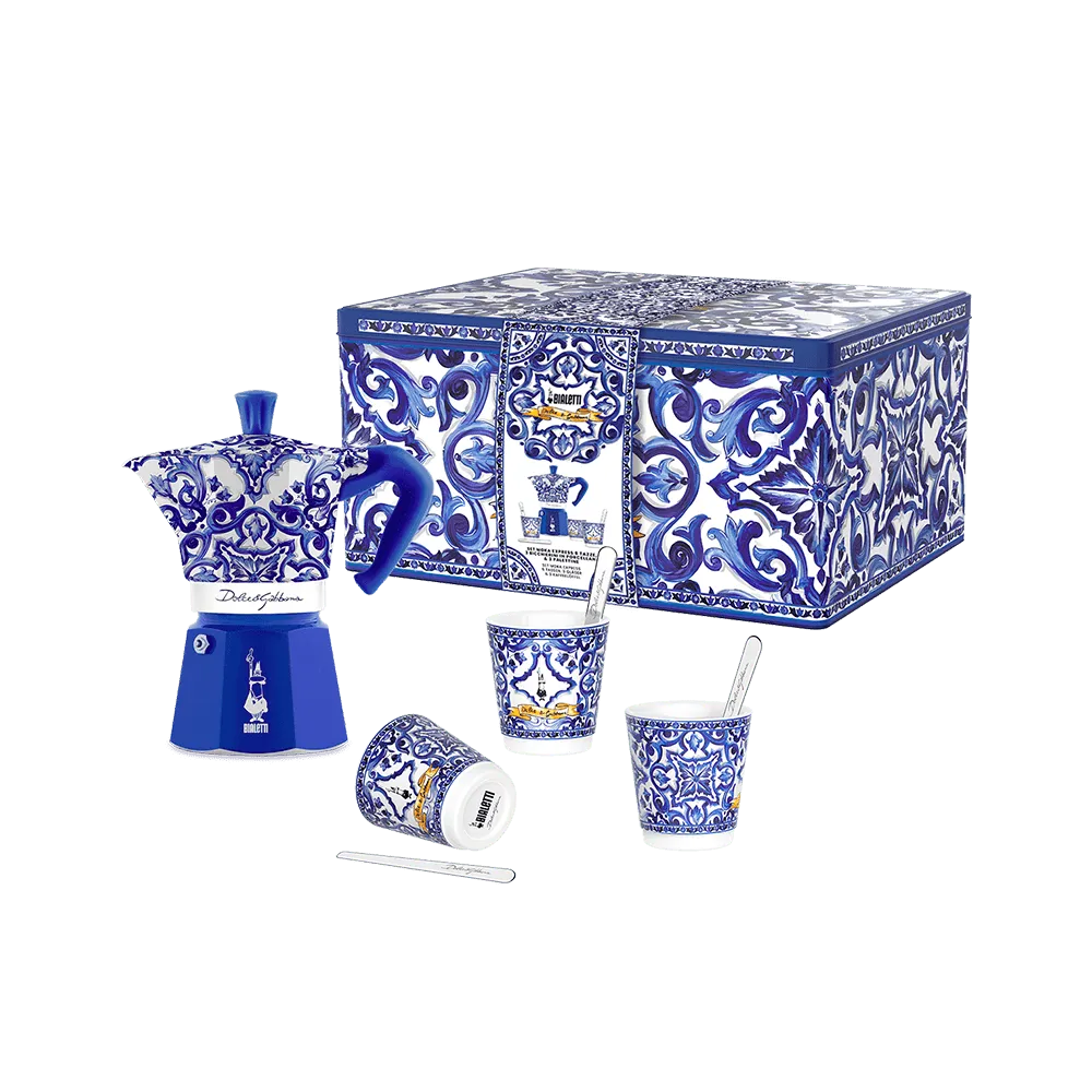 Bialetti and Dolce & Gabbana Mediterranean Blue – Box Moka Express 3 cups, 3 porcelain cups and 3 silver stirrers