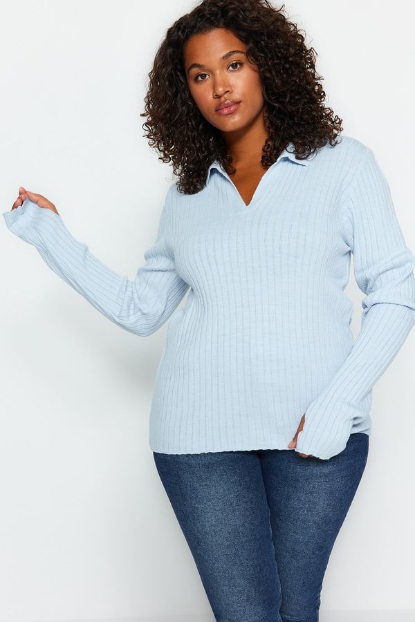 TRENDYOL CURVE LIGHT BLUE SLEEVE END DETAILED POLO NECK KNITWEAR SWEATER