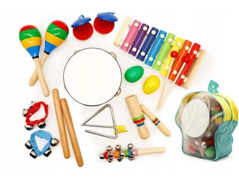 ECO TOYS DRVENI MUZIČKI INSTRUMENTI ZA DECU SET OD 10 KOMADA SA RANCEM