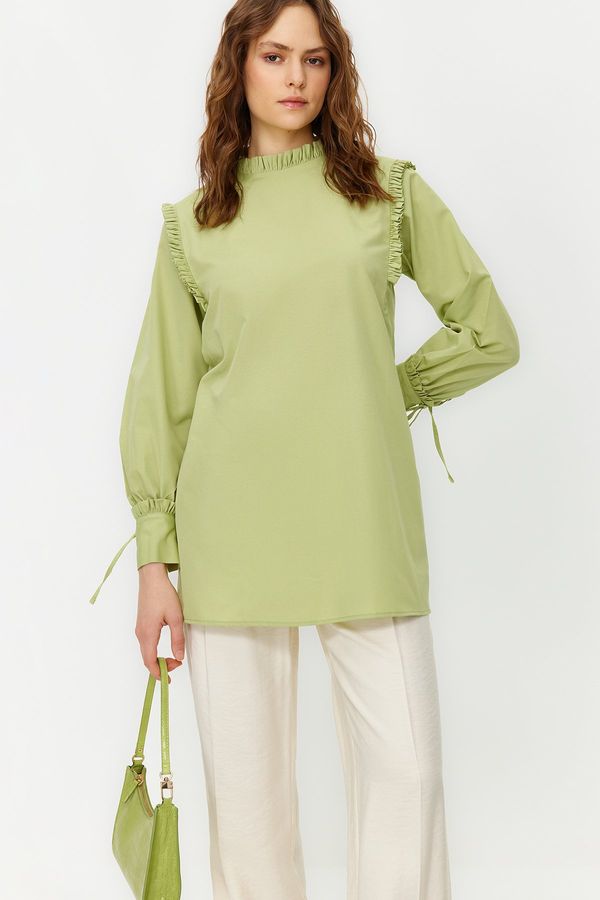TRENDYOL GREEN RUFFLED SHOULDER AND CUFF WOVEN COTTON TUNIC