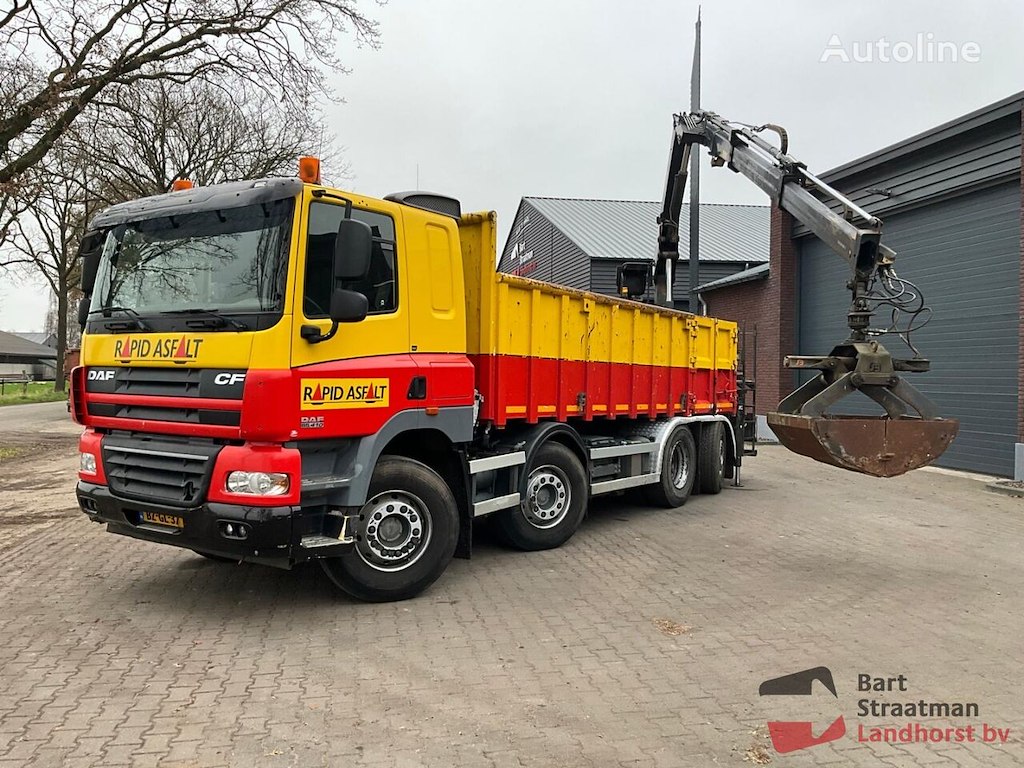 DAF FAX CF85.410 8x2 Euro 5 met vaste laadbak en HIAB 122B HiDuo Rad kamion s ravnom platformom