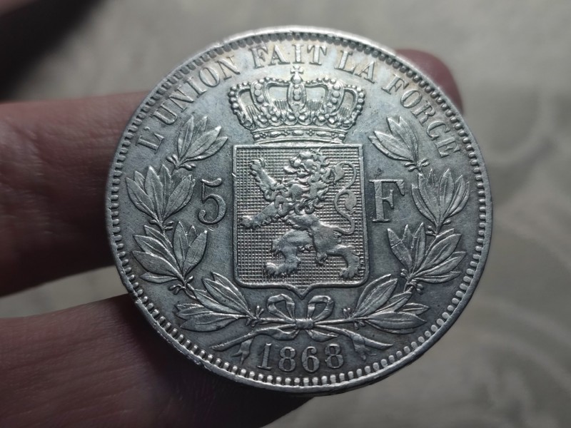 5 Franaka Srebro 1868 Belgija XF+