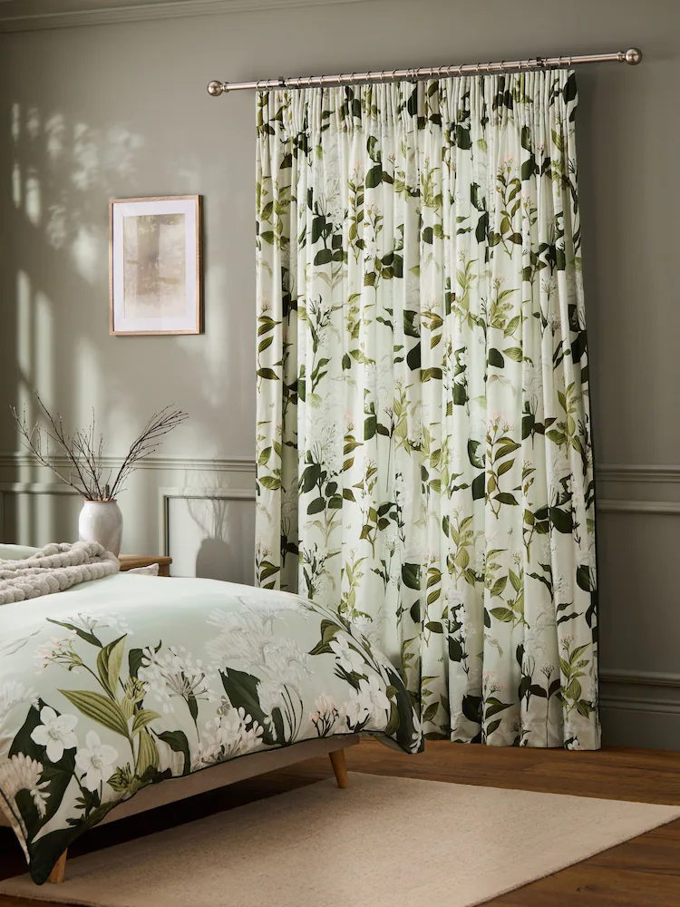 Sage Green Sateen Floral Print Blackout/Thermal Pencil Pleat 100% Cotton Curtains