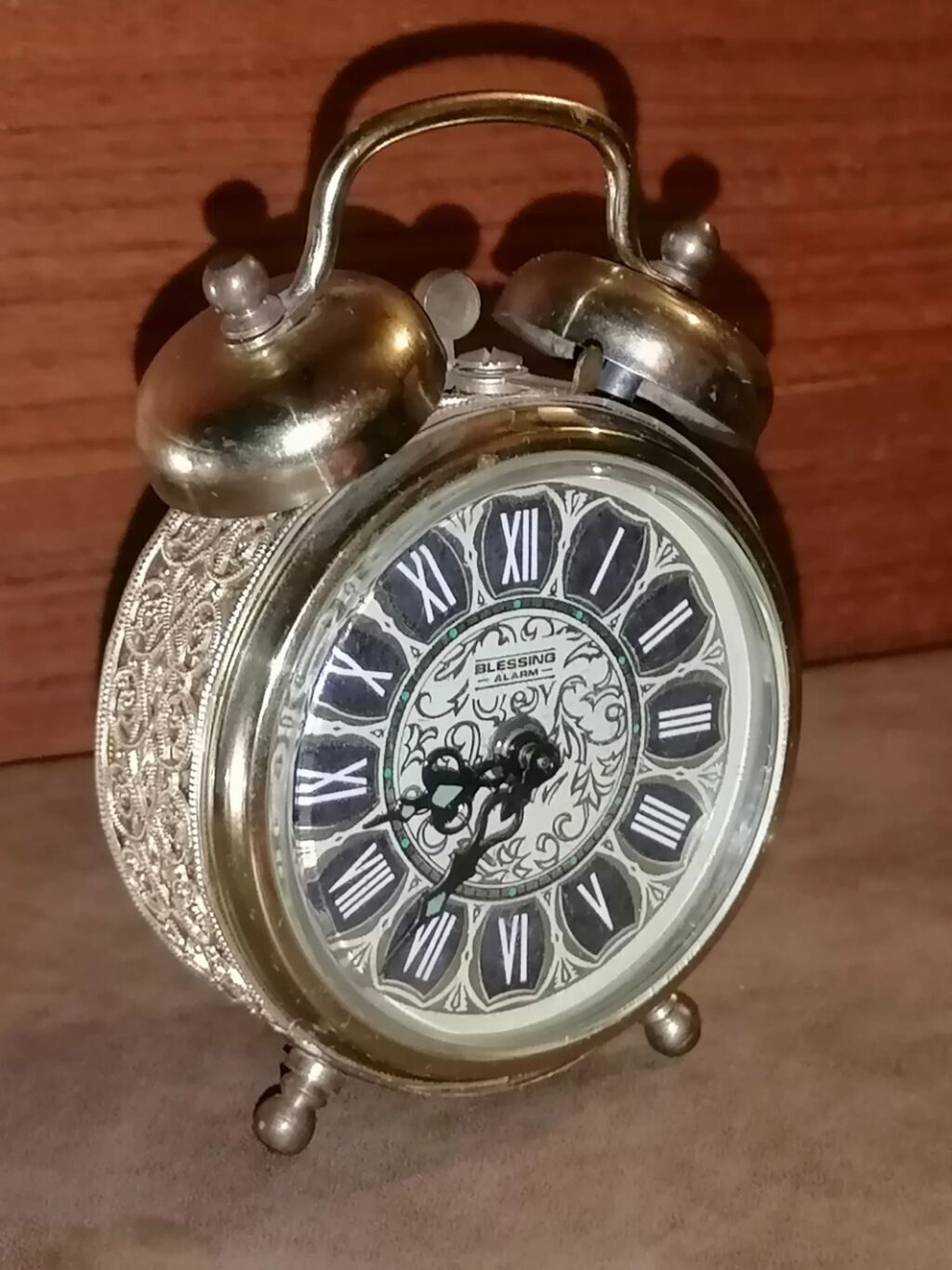 BLESSING German Alarm Clock Double Bell Gold Tone 1960's Vintage