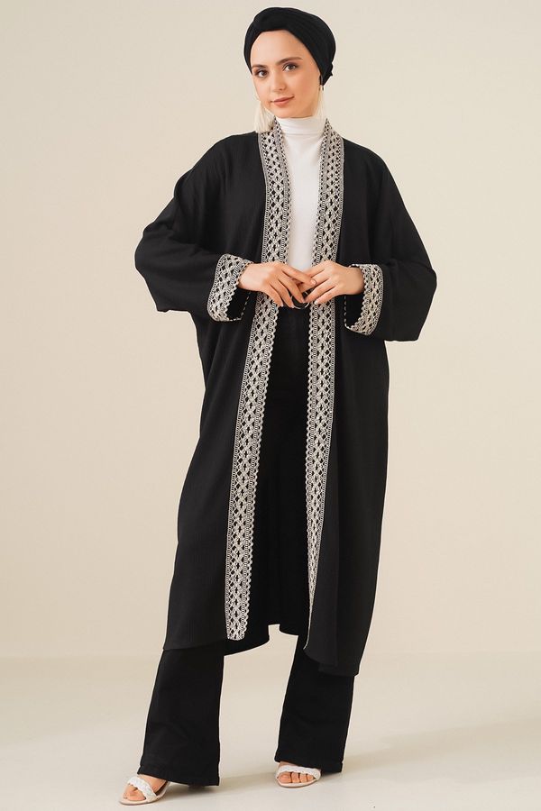 BIGDART 5865 EMBROIDERED KNITTED LONG KIMONO - BLACK