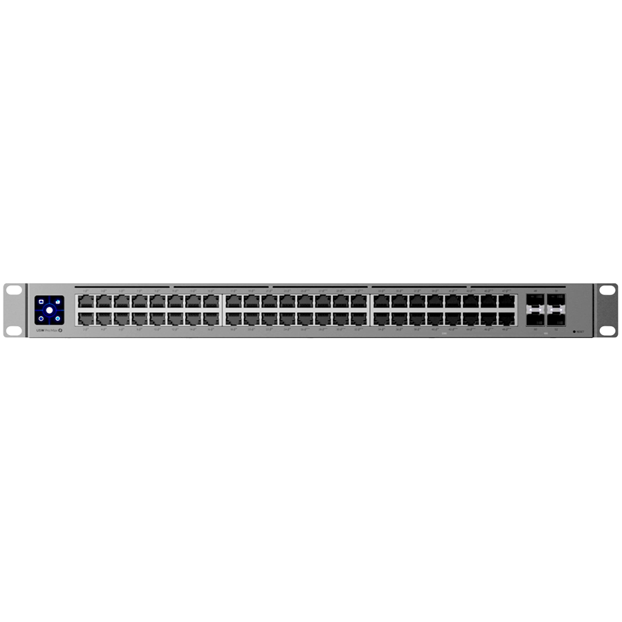 Ubiquiti 48-port, Layer 3 switch 2.5 GbE and PoE++ output, 16x 2.5 GbE ports including (8) PoE+ and (8) PoE++, 32x GbE ports including (24) PoE+ and (8) PoE++, 4x 10G SFP+ ports. Can power devices...