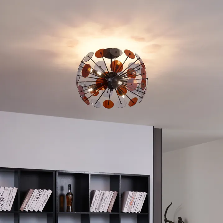 Art Deco Plafonska Lampa Crna sa Jantarnim i Dimnim Staklom - Atomic