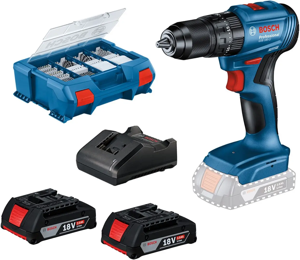 Bosch Akumulatorska vibraciona bušilica - odvrtač GSB 185-Li, 18V, 2x2,0Ah + 82-delni set pribora u koferu 0615990N2P