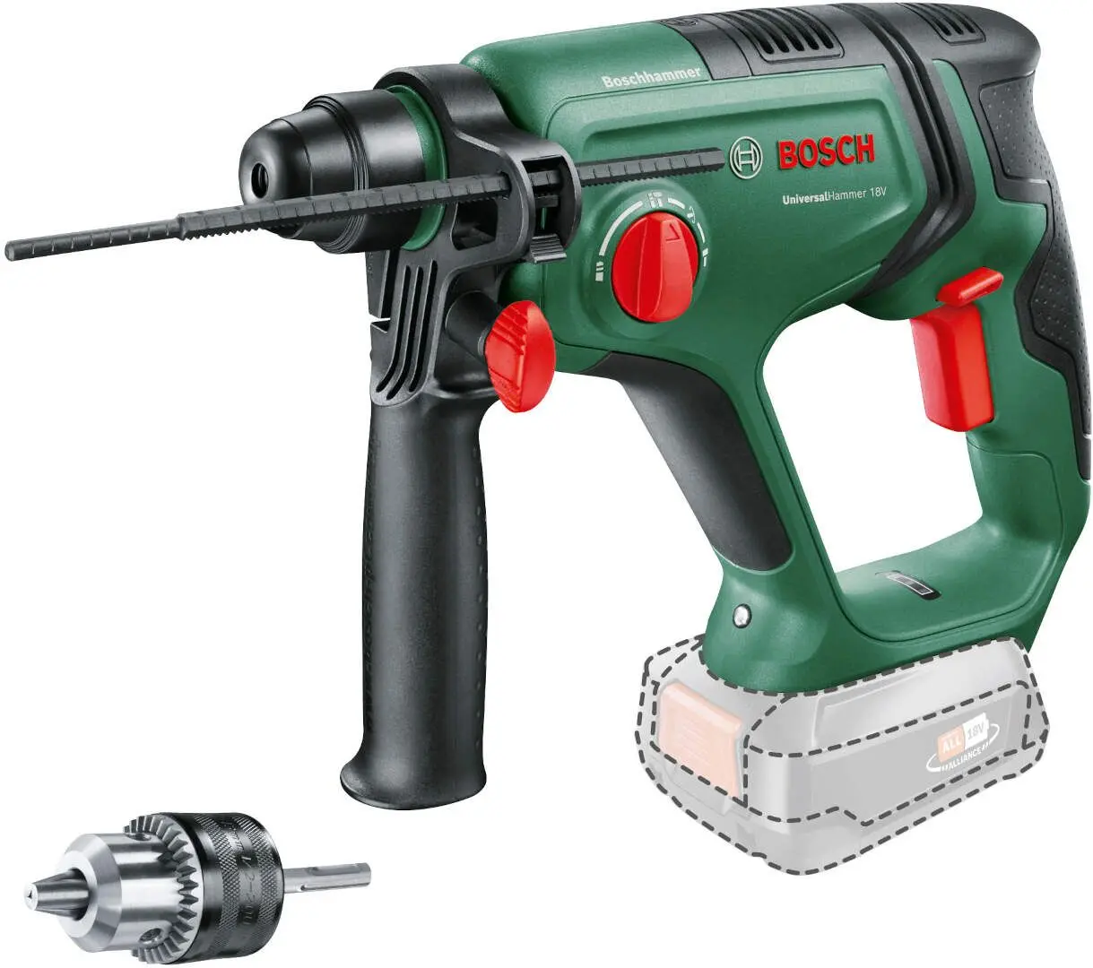 Bosch Akumulatorski elektro-pneumatski čekić UniversalHammer 18V Solo + adapter, bez baterije i punjača 06039D6001