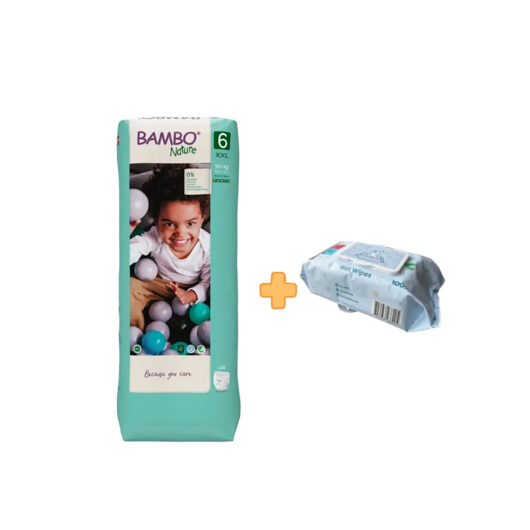 BAMBO Nature Gaćice Br.6 XXL 38 Komada + Love&Care Vlažne maramice, 100 komada