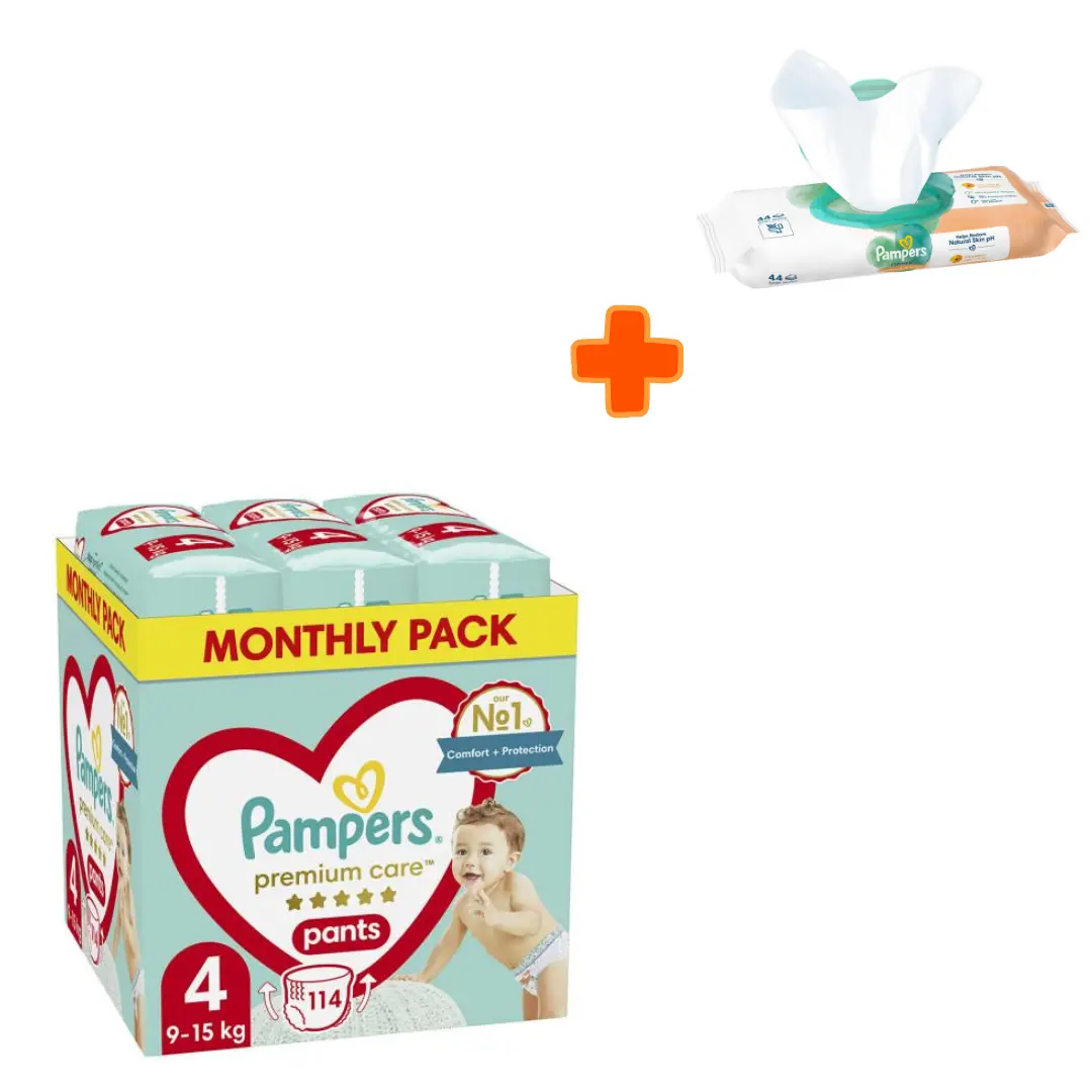 PAMPERS Pelene Premium Pants Monthly, Veličina 4, 114 komada + Maramice Harmonie neven, 44 komada